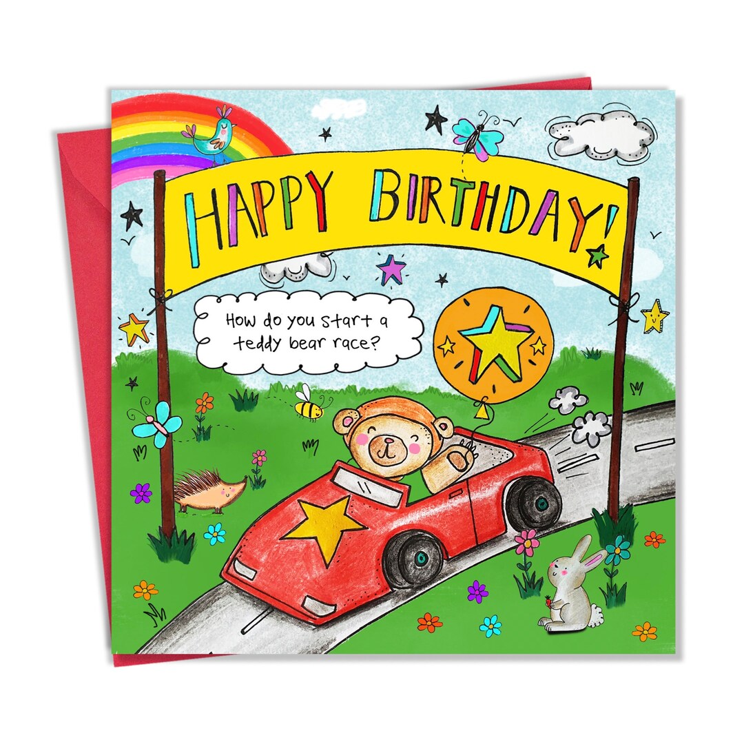 Childrens Birthday Card With Teddy Bear Race Design - Funny Joke ...