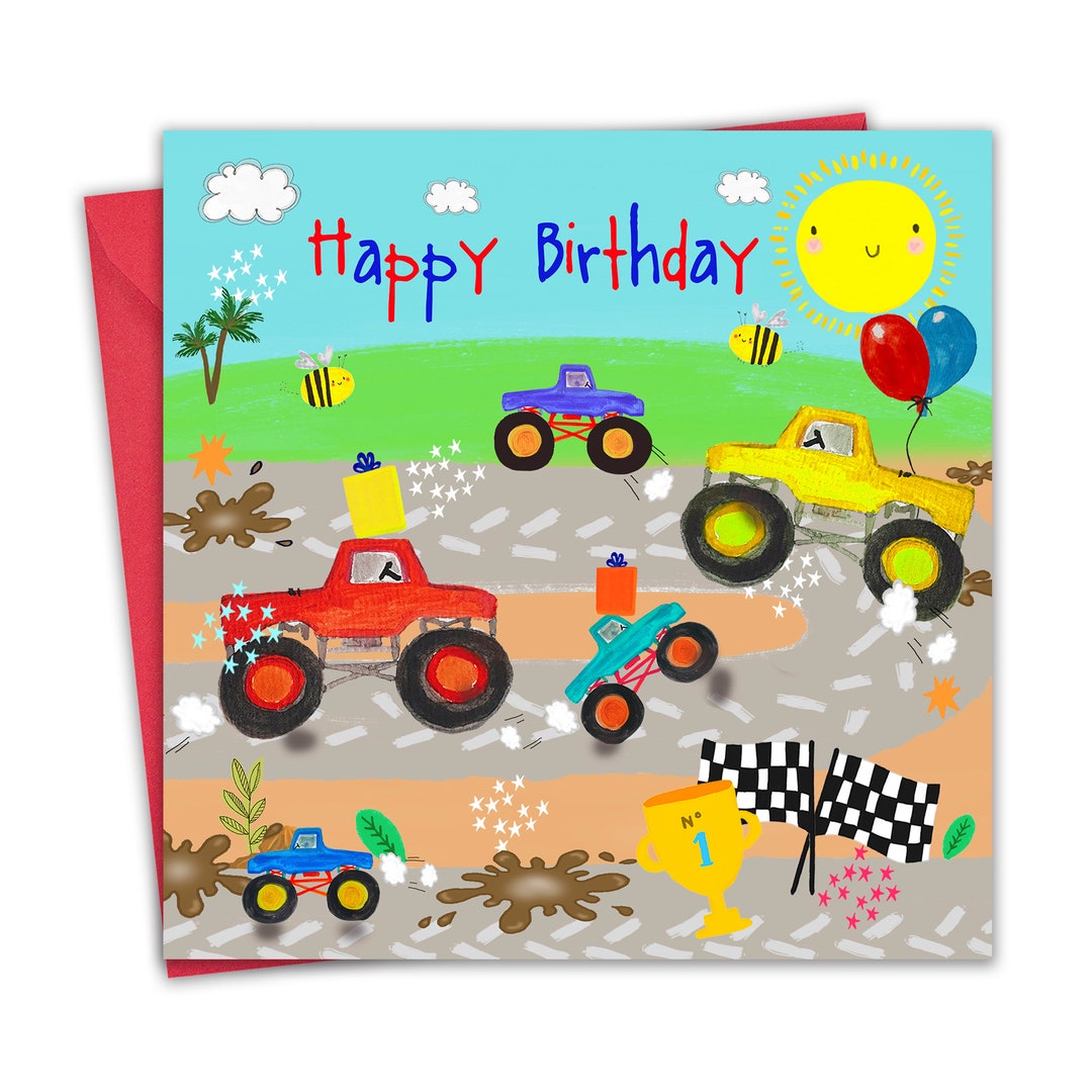 Birthday Card for Boys - Monster Trucks - Childrens Happy Birthday Card ...