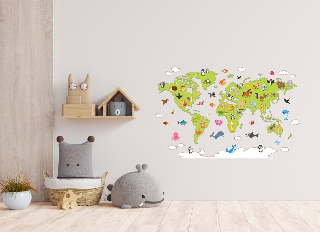 World Map Animals Around the Globes Wall Sticker World Map - Etsy