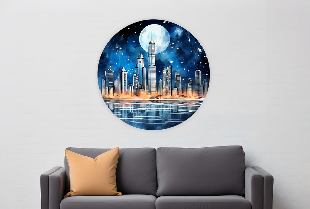 Night City Wall Sticker, Skyscrapers Wall Art, Moon Wall Decal, Sky ...