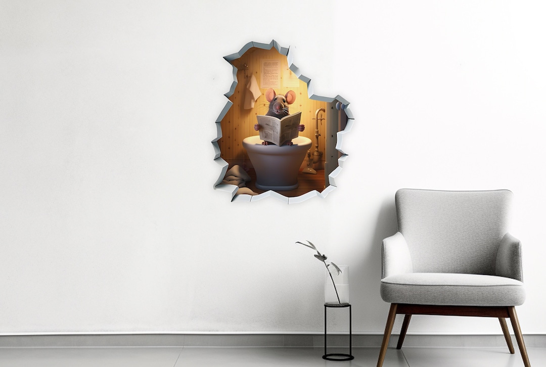 Mouse Sitting on Toilet, Mouse Hole Decal, Cute Mouse Sticker, Skirting ...