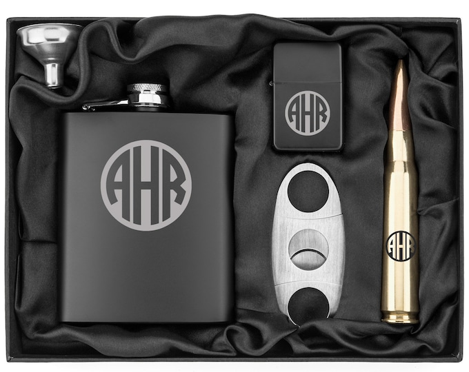 Monogram Engraved Matte Black Hip Flask, Funnel, Lighter, Cigar Cutter ...