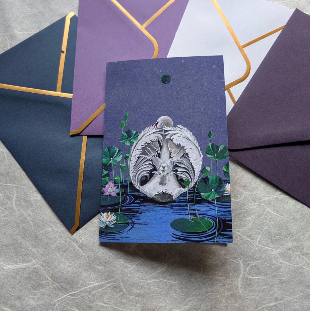 Goodbye, for Now! Greeting Card, Bird Art, Swan and Cygnet, Lotus Ponds ...