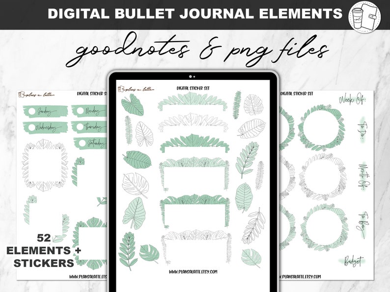 Digital Bullet Journal Decorative Elements and Stickers Tropical Leaves ...