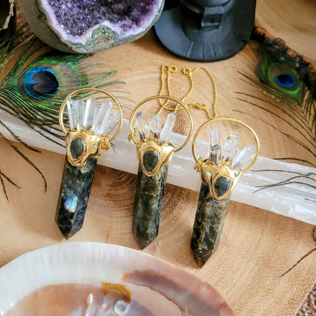 Labradorite Pendant Necklace With Clear Quartz Crystal Healing Witchy ...