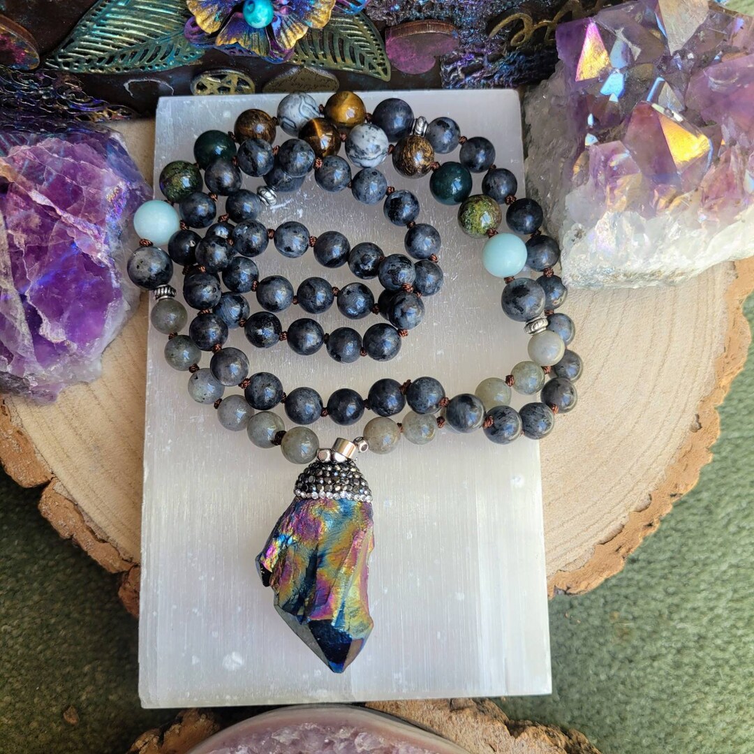 Labradorite and Larvikite Necklace With Titanium Quartz Pendant Crystal ...