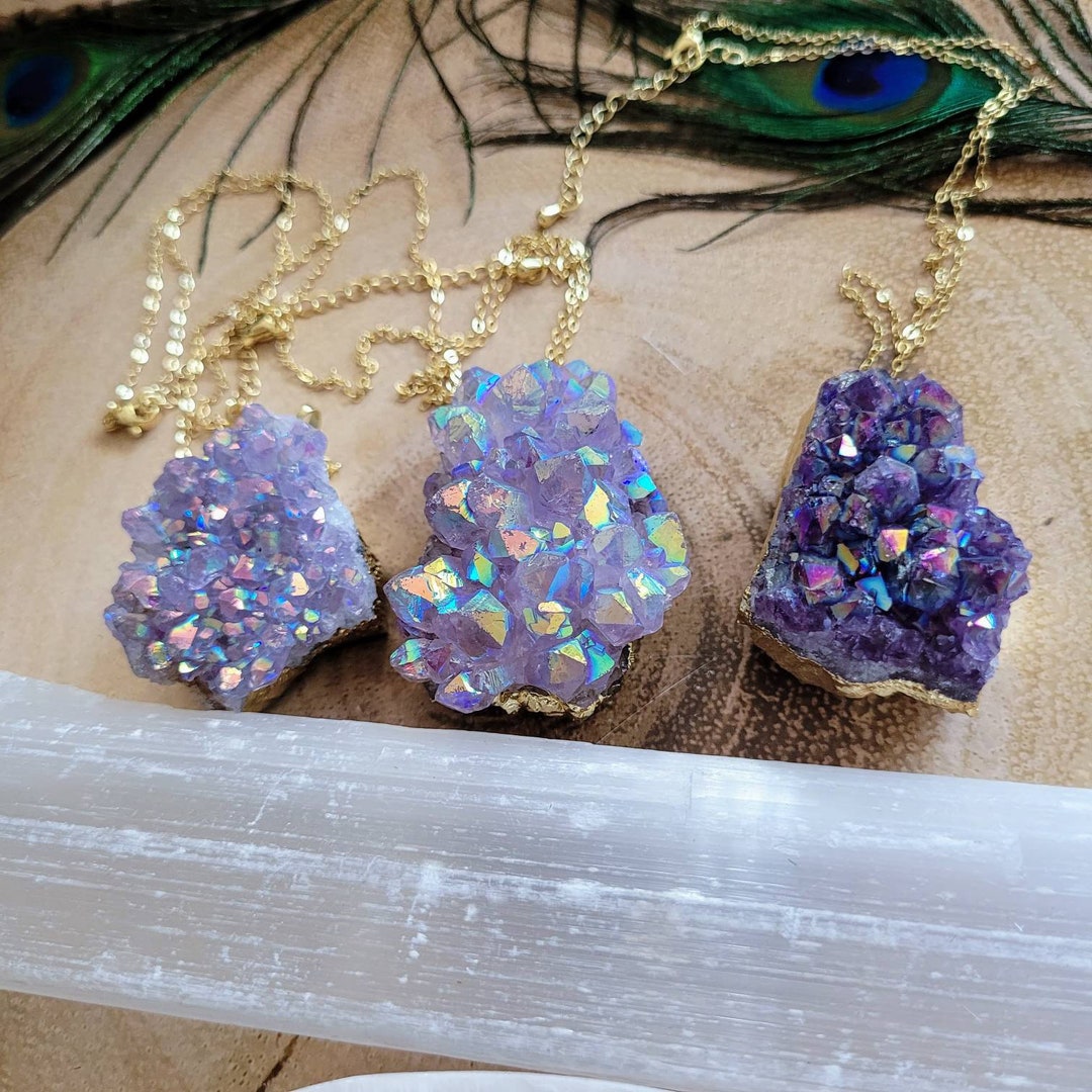 Amethyst Aura Quartz Cluster Necklace Sparkly Pendant Crystal Healing ...