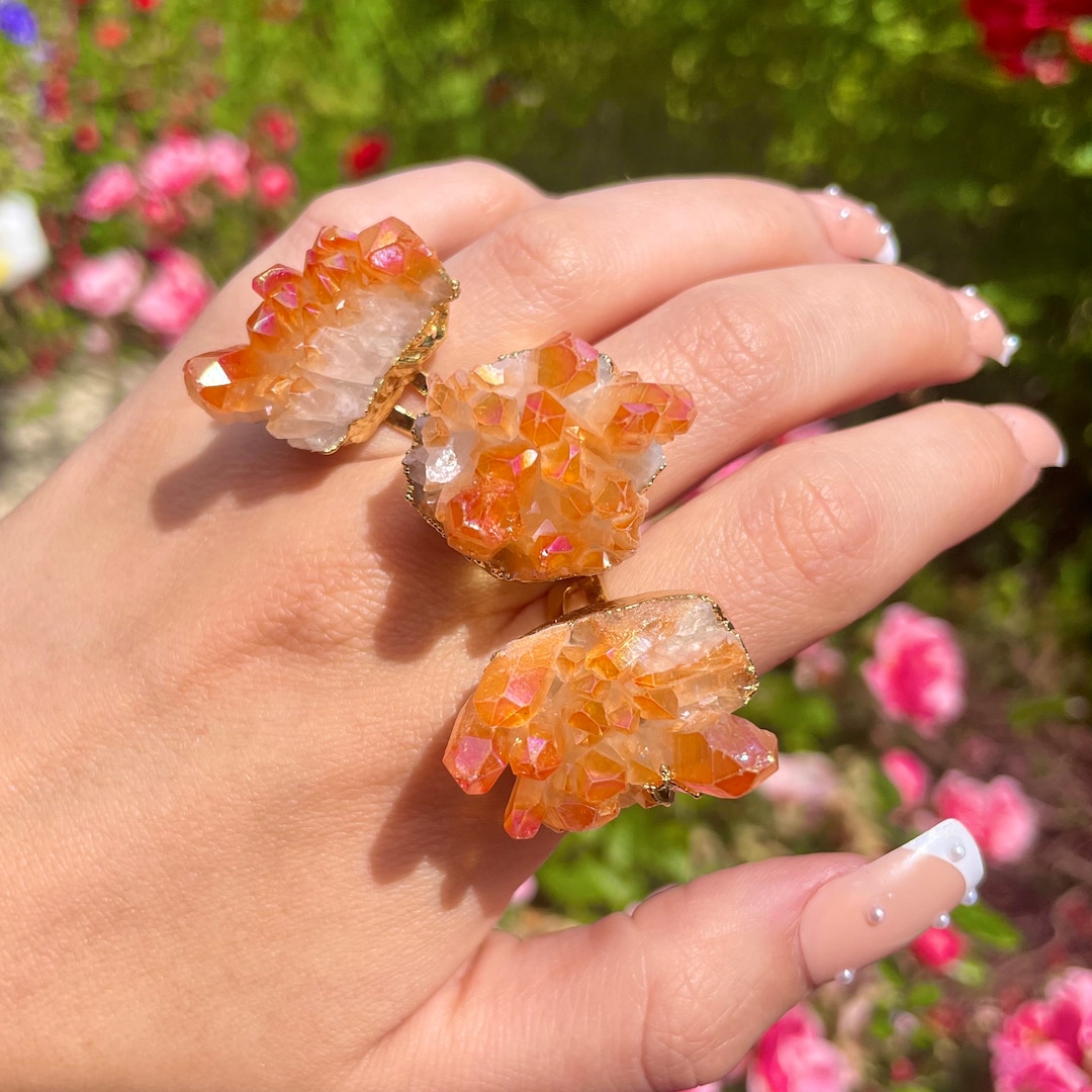 Tangerine Aura Quartz Ring Cluster Adjustable Crystal Healing Stone ...