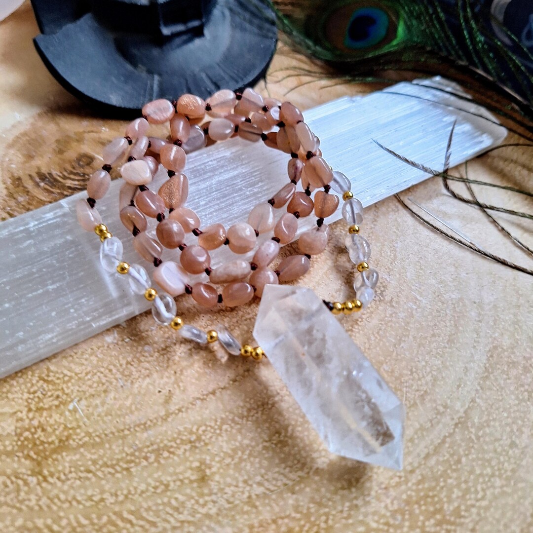 Sunstone Necklace With Clear Quartz Point Pendant Knotted Crystal ...