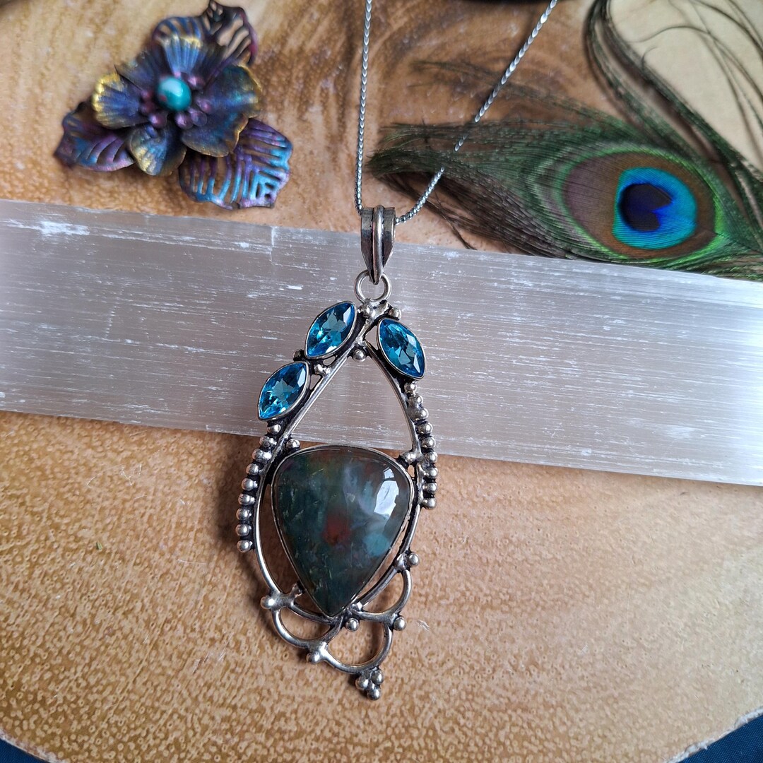 Bloodstone and Blue Topaz Pendant Necklace 925 Silver Crystal Healing ...