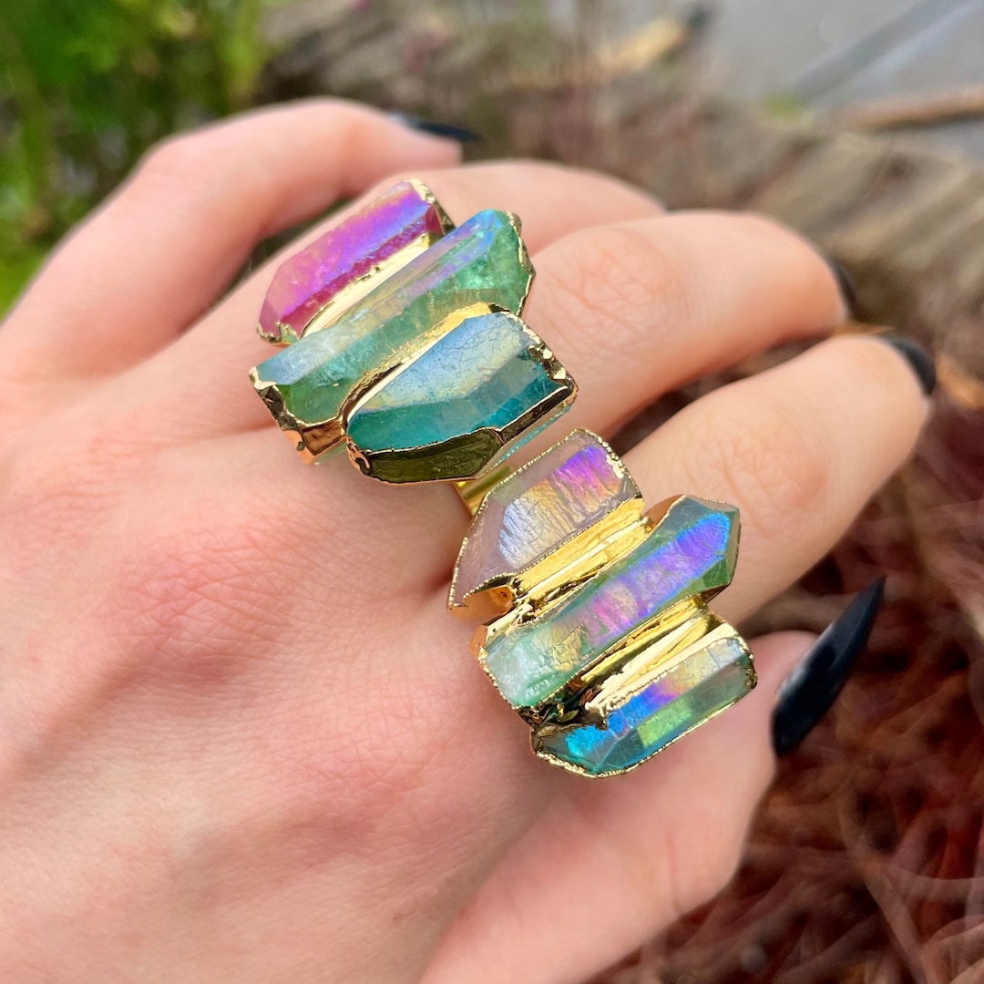 Rainbow Aura Quartz Adjustable Ring Crystal Healing Witchy Jewellery ...