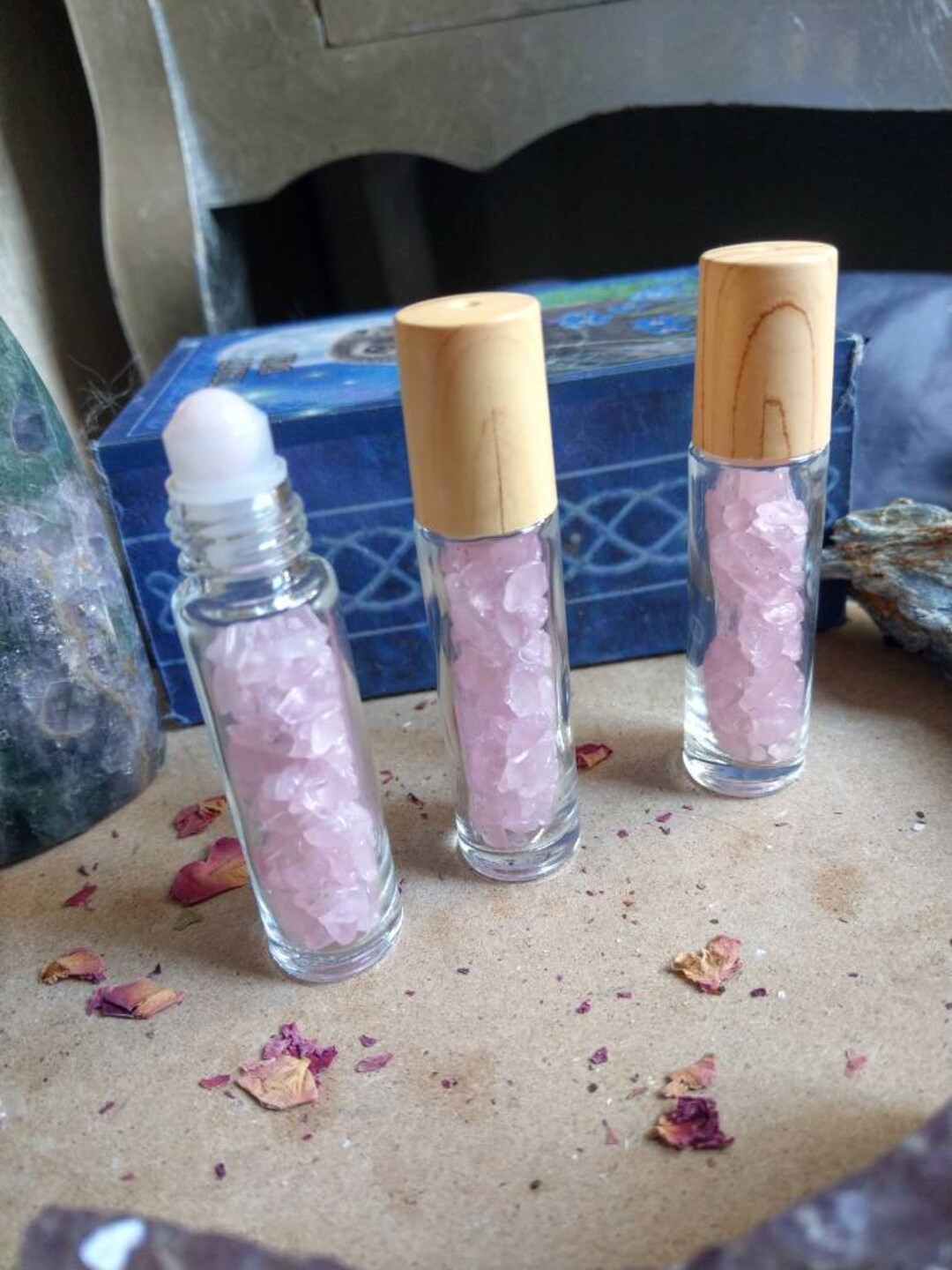 Rose Quartz Roller Ball Perfume Bottle Crystal Healing Natural Stone ...