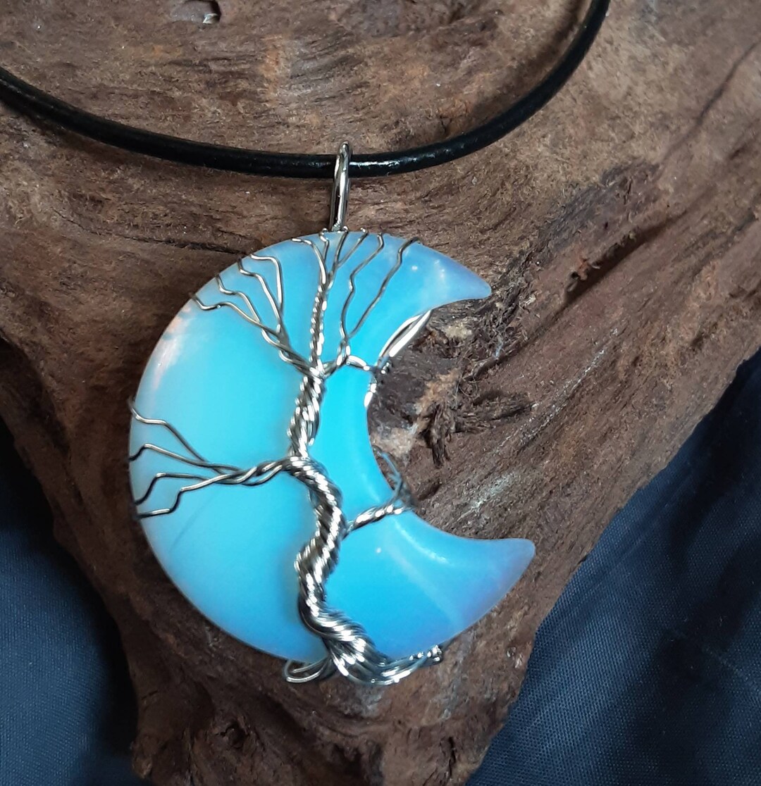 Opalite Tree of Life Quarter Moon on Polished or Raw Crystal Pendant ...
