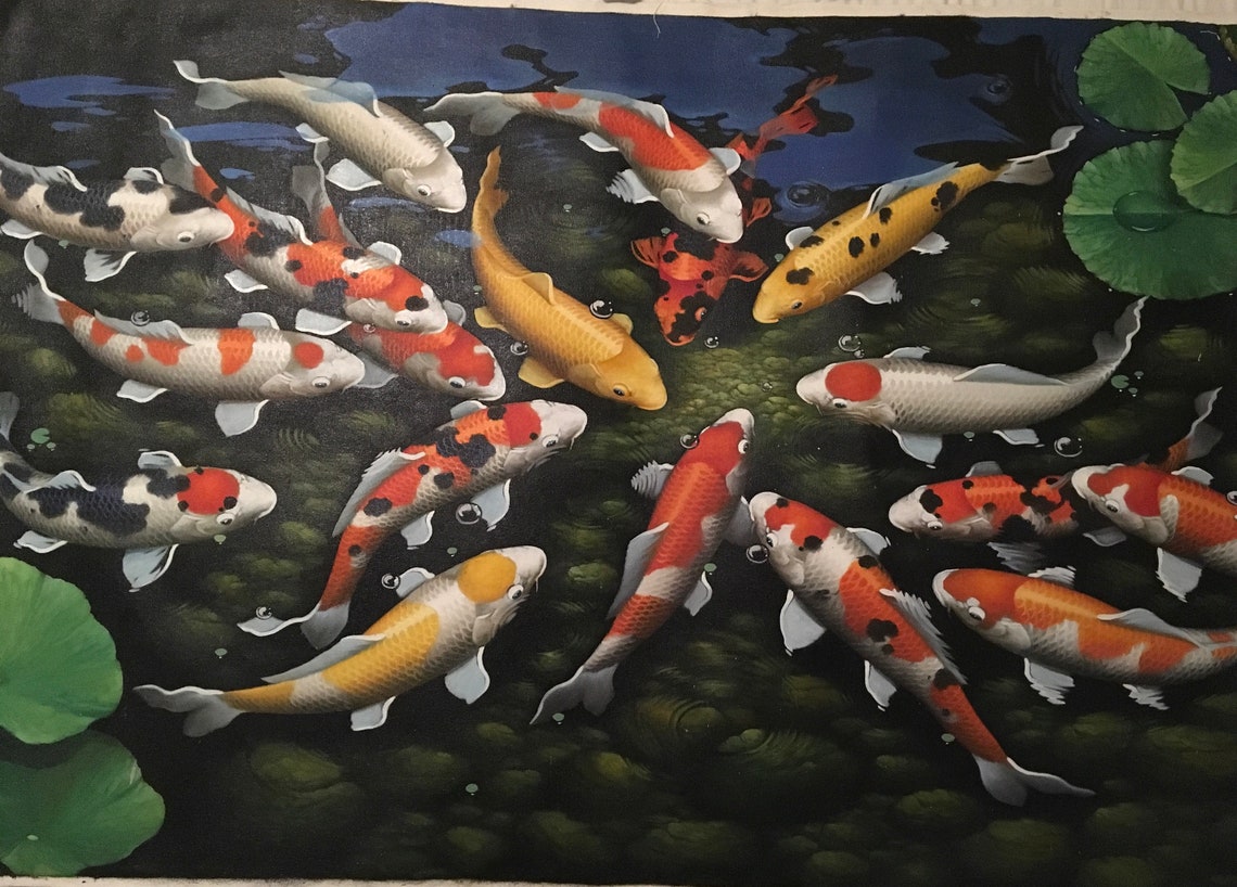 Unique original hand drawn Koi Fish oil painting on canvas | Etsy