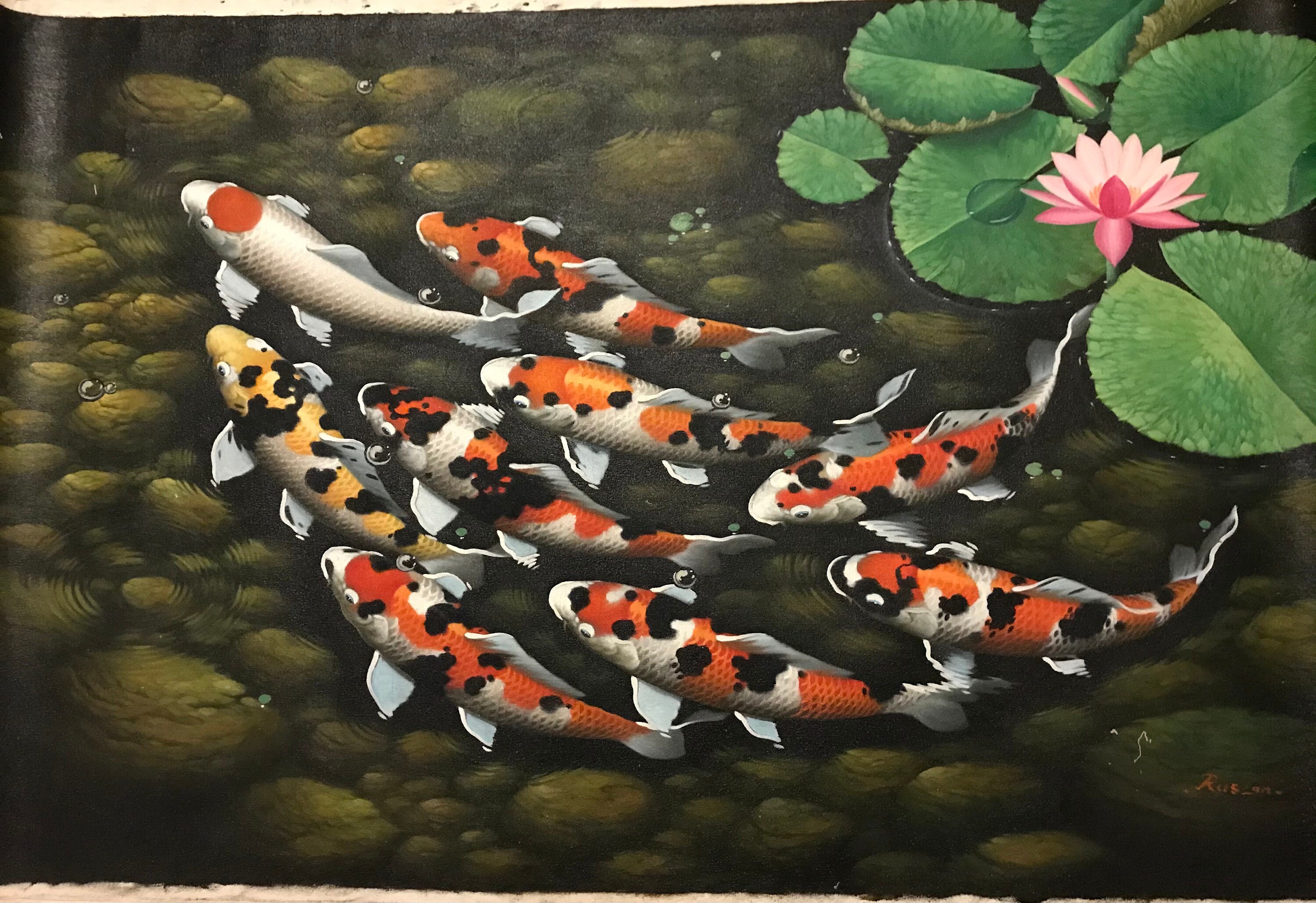 Unique original hand drawn Koi Fish oil painting on canvas | Etsy