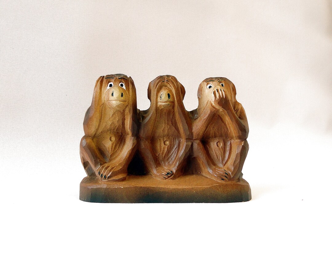 Three Wise Monkeys Wooden Figure Handmade Sculpture Hand Carved ...