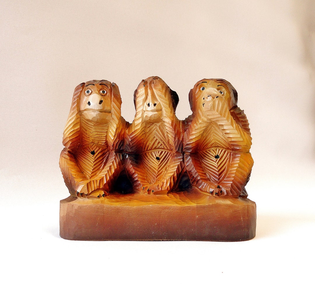 Three Wise Monkeys Wooden Figure Handmade Sculpture Hand Carved ...