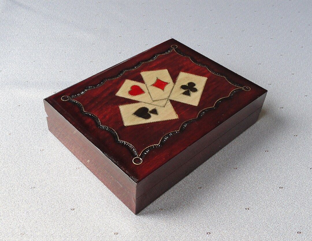 Wooden Playing Card Box for 2 Decks of Playing Cards, Brass Inlaid ...