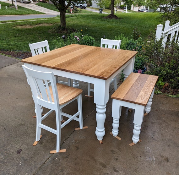 Red Oak White Oak or Maple Island Height Counter Height Chunky Leg Farmhouse Table With Matching Bench and Chairs Etsy UK