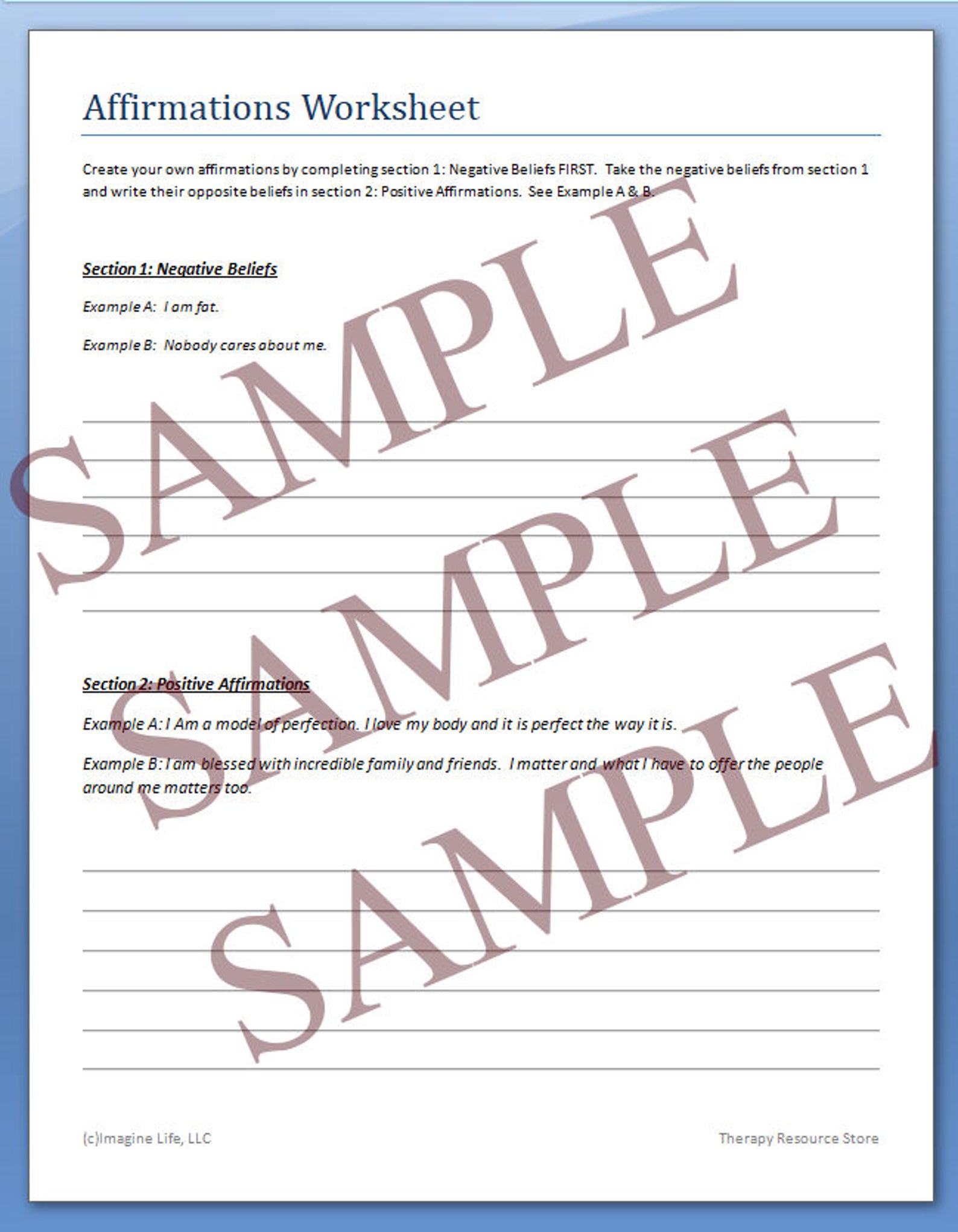 Counseling, Therapy: Affirmations Worksheet, Positive Affirmation, Self ...