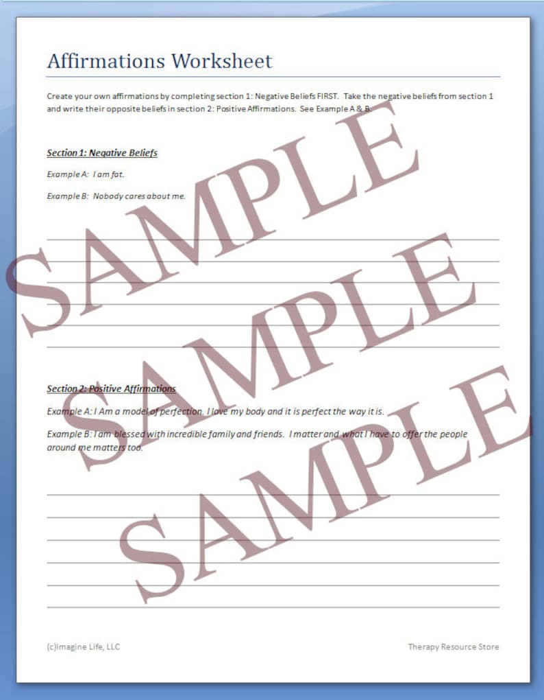 Counseling, Therapy: Affirmations Worksheet, Positive Affirmation, Self ...