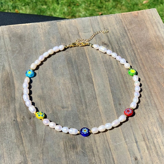 Millefiori Pearl Necklace Harry Styles Glass Bead Necklace Lampwork Bead Boho Gifts Bohemian Jewelry Funky Jewelry Trendy Celeb Style Etsy
