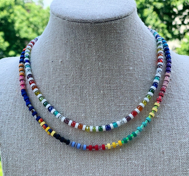 Beach Necklace, Colorful Seed Bead Necklace, Surf Necklace, Rainbow ...