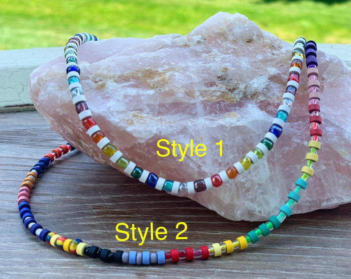 Beach Necklace, Colorful Seed Bead Necklace, Surf Necklace, Rainbow ...