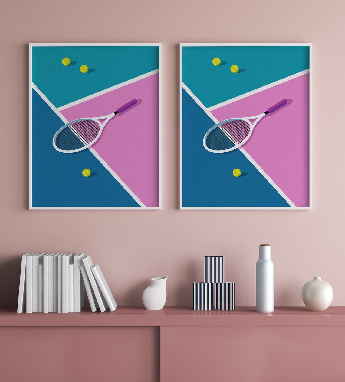 Digital Printable Wall Art, Pink Blue Tennis Court Racket and Ball - Etsy