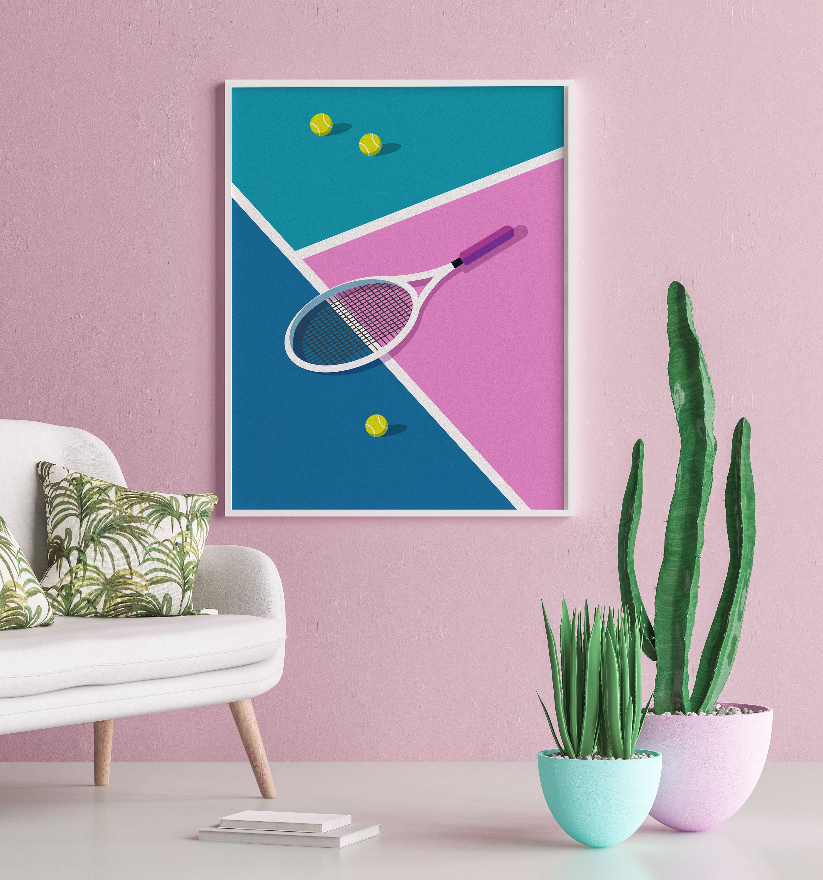 Digital Printable Wall Art, Pink Blue Tennis Court Racket and Ball - Etsy