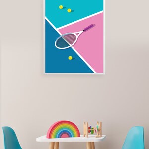 Digital Printable Wall Art, Pink Blue Tennis Court Racket and Ball - Etsy