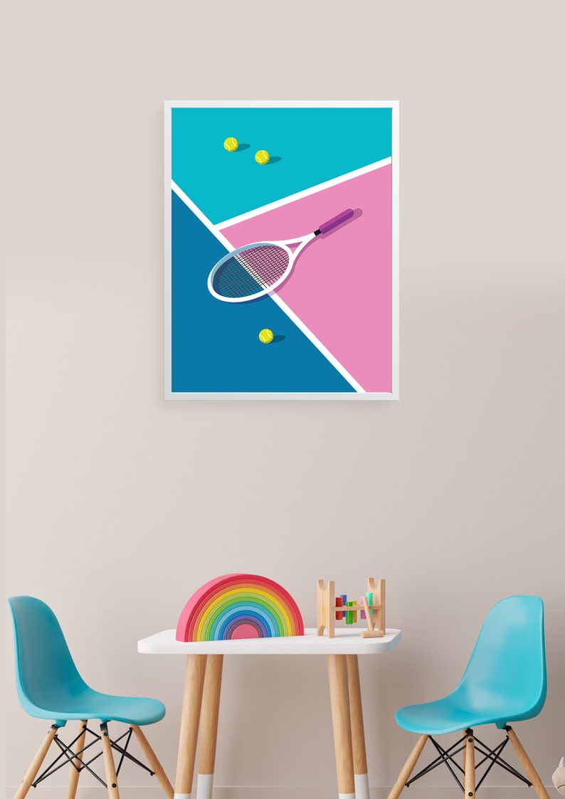 Digital Printable Wall Art, Pink Blue Tennis Court Racket and Ball - Etsy