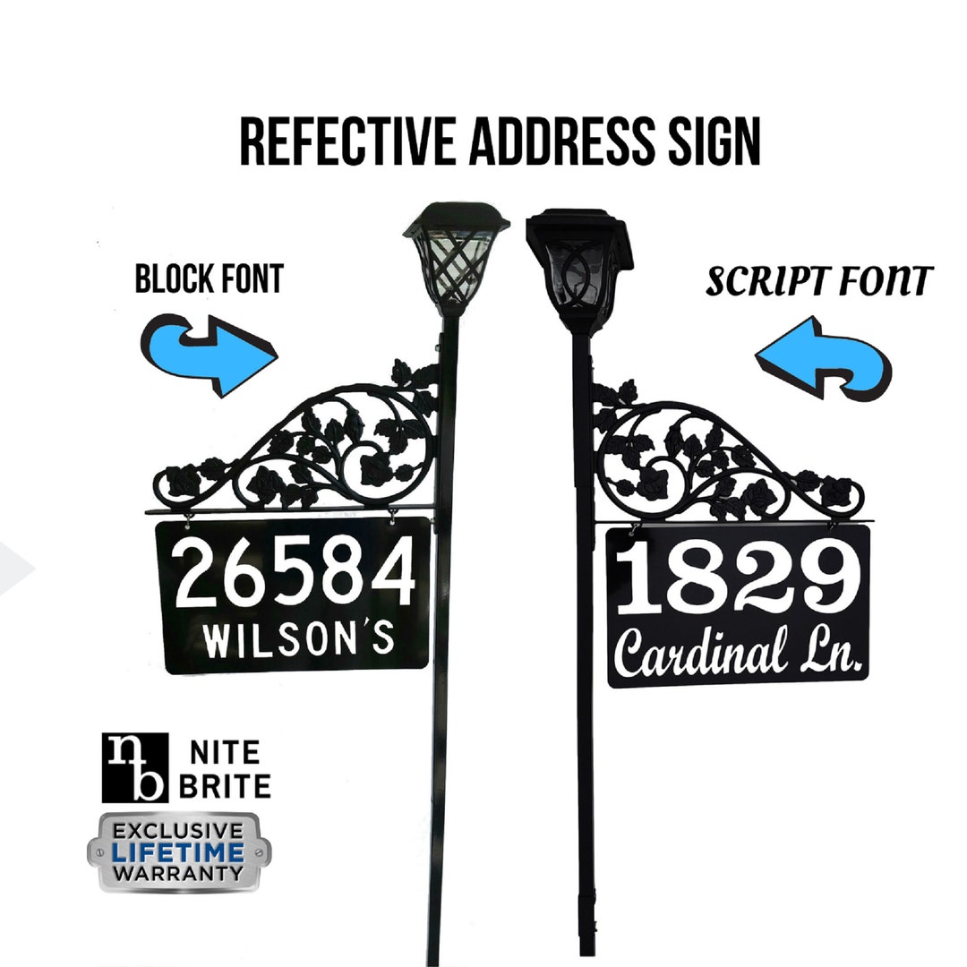 Personalized Reflective Address Sign With Solar Light & 60" Steel Pole ...