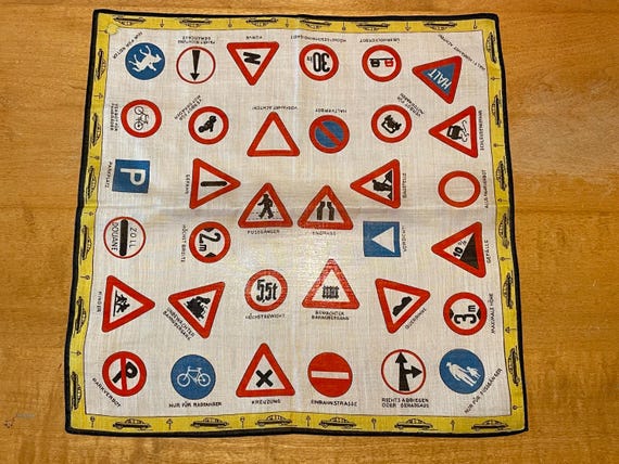 Vintage German Handkerchief, Traffic Signs, Safety, T… - Gem