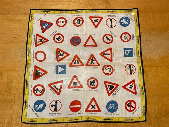 Vintage German Handkerchief, Traffic Signs, Safety, T… - Gem