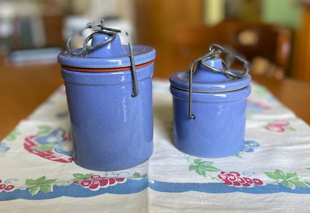 Two Blue Stoneware Crocks, Wire Latch and Lid, Jam Jar, Cheese Jar ...