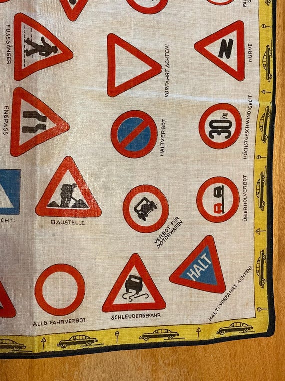 Vintage German Handkerchief, Traffic Signs, Safety, T… - Gem
