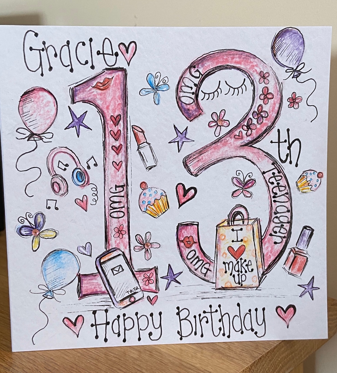 Individually hand drawn teenager birthday cards. Girl Age 13. | Etsy
