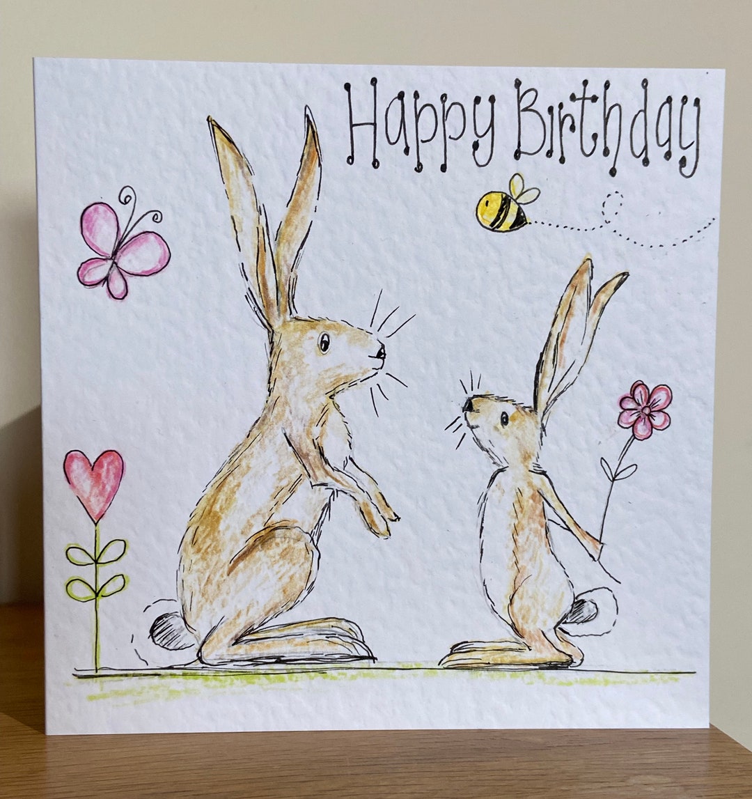 Hand Illustrated Hand Made Hare Birthday Card. Can Be Personalised - Etsy