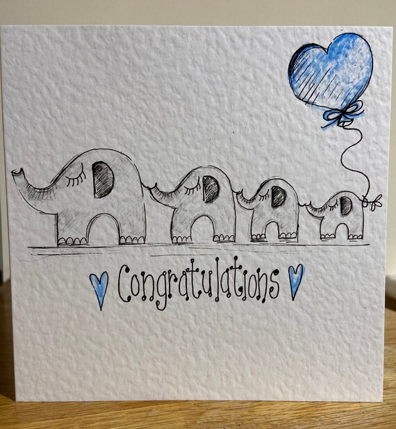 Elephant baby boy congratulations card individually hand drawn | Etsy