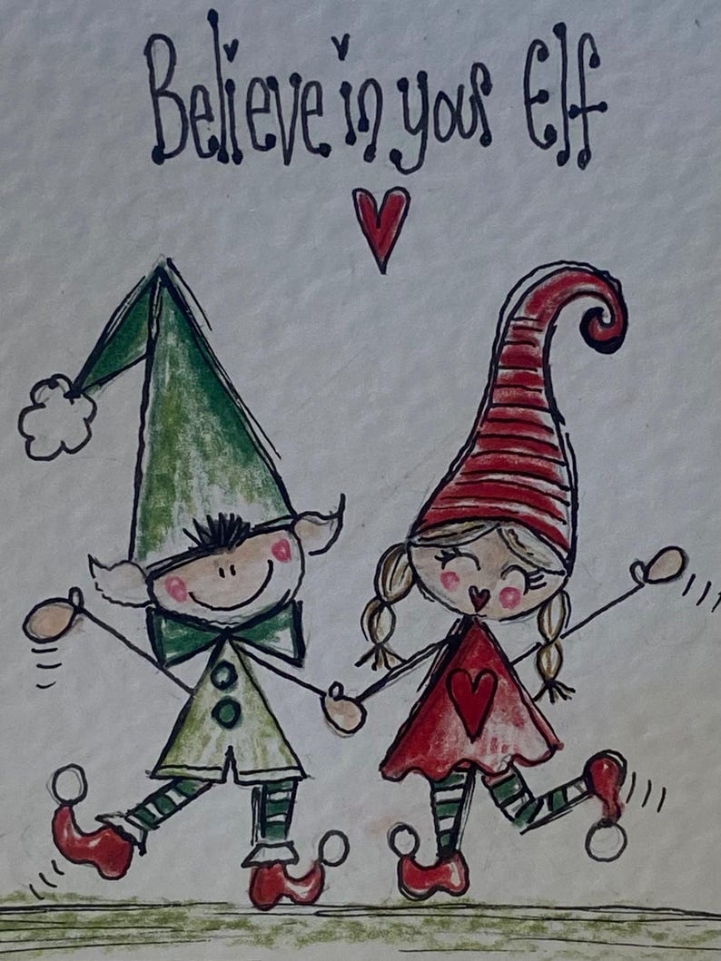 Hand Illustrated Elf Christmas Card. Santas Elves. Original Artwork ...