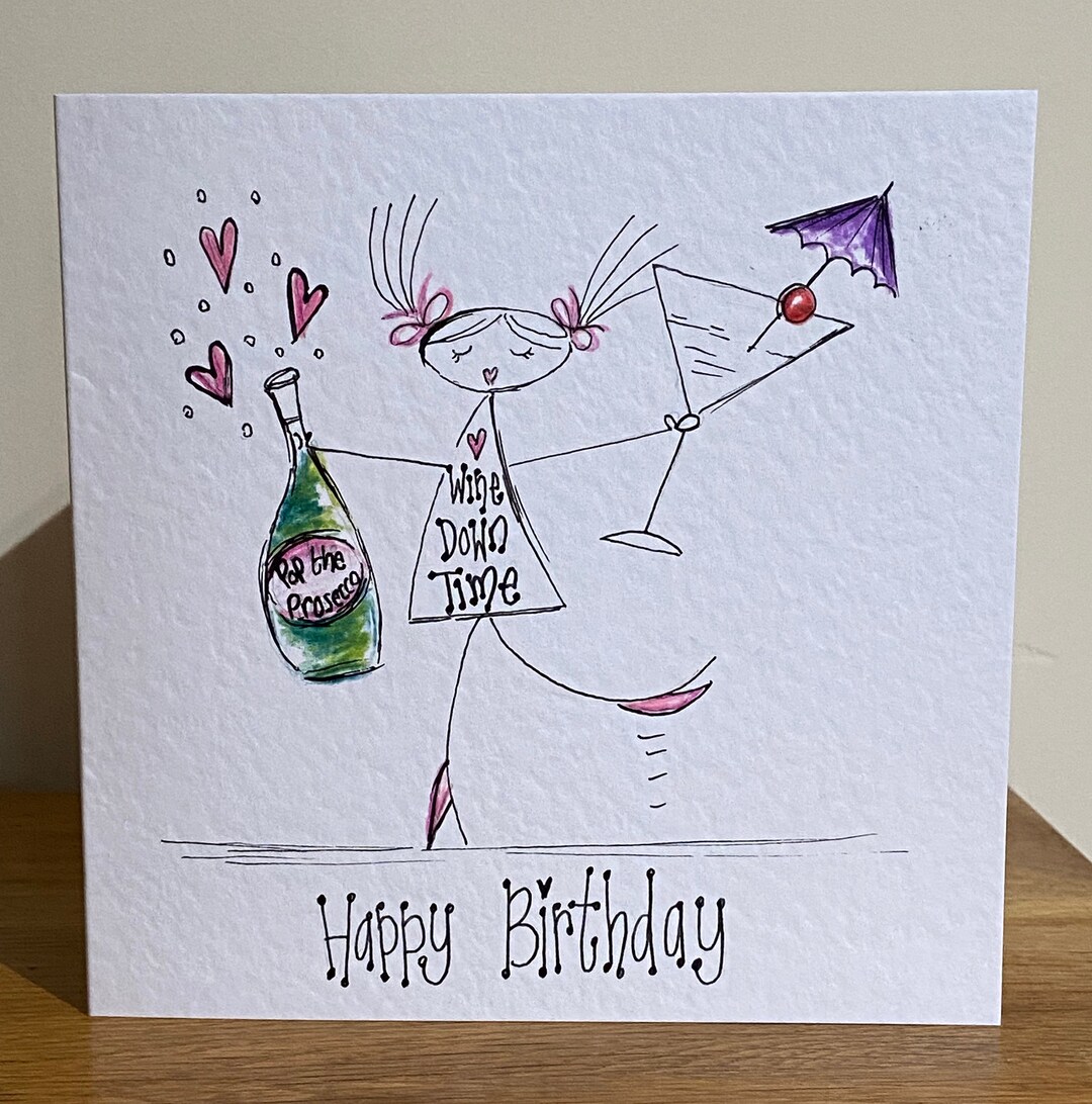 Hand Drawn Birthday Card, Wine Down Time - Etsy