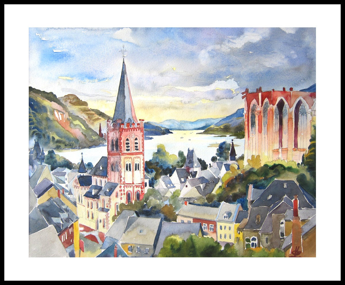 Germany, Rhine River Print, Art Print of Original Watercolor Painting ...