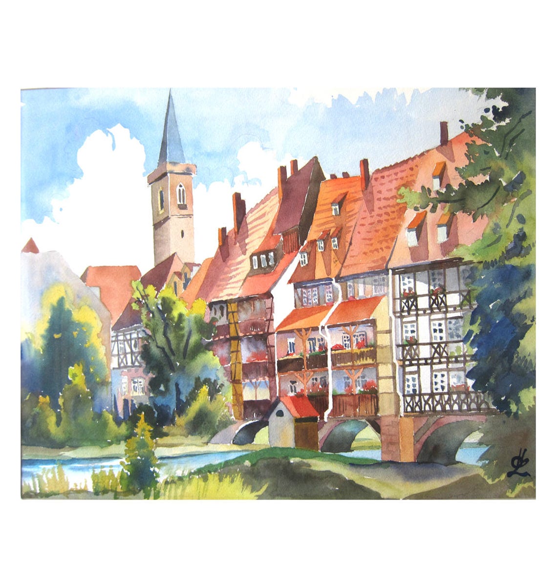 Germany, Kramerbruecke, Art Print of Original Watercolor Painting ...