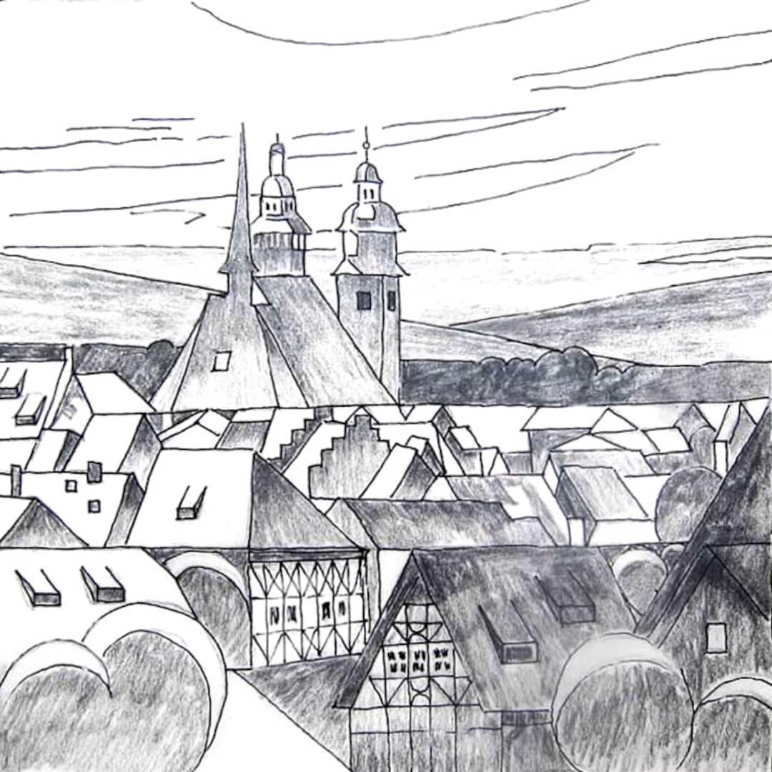 Germany Town With Church, Black & White Sketch, Pencil Drawing ...