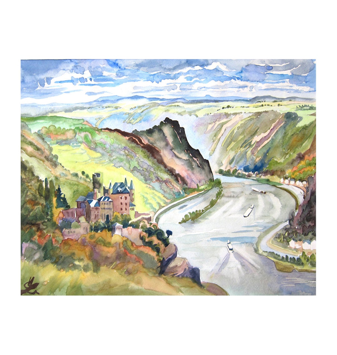 Germany, Rhine, Art Print of Original Watercolor Painting, Landscape ...