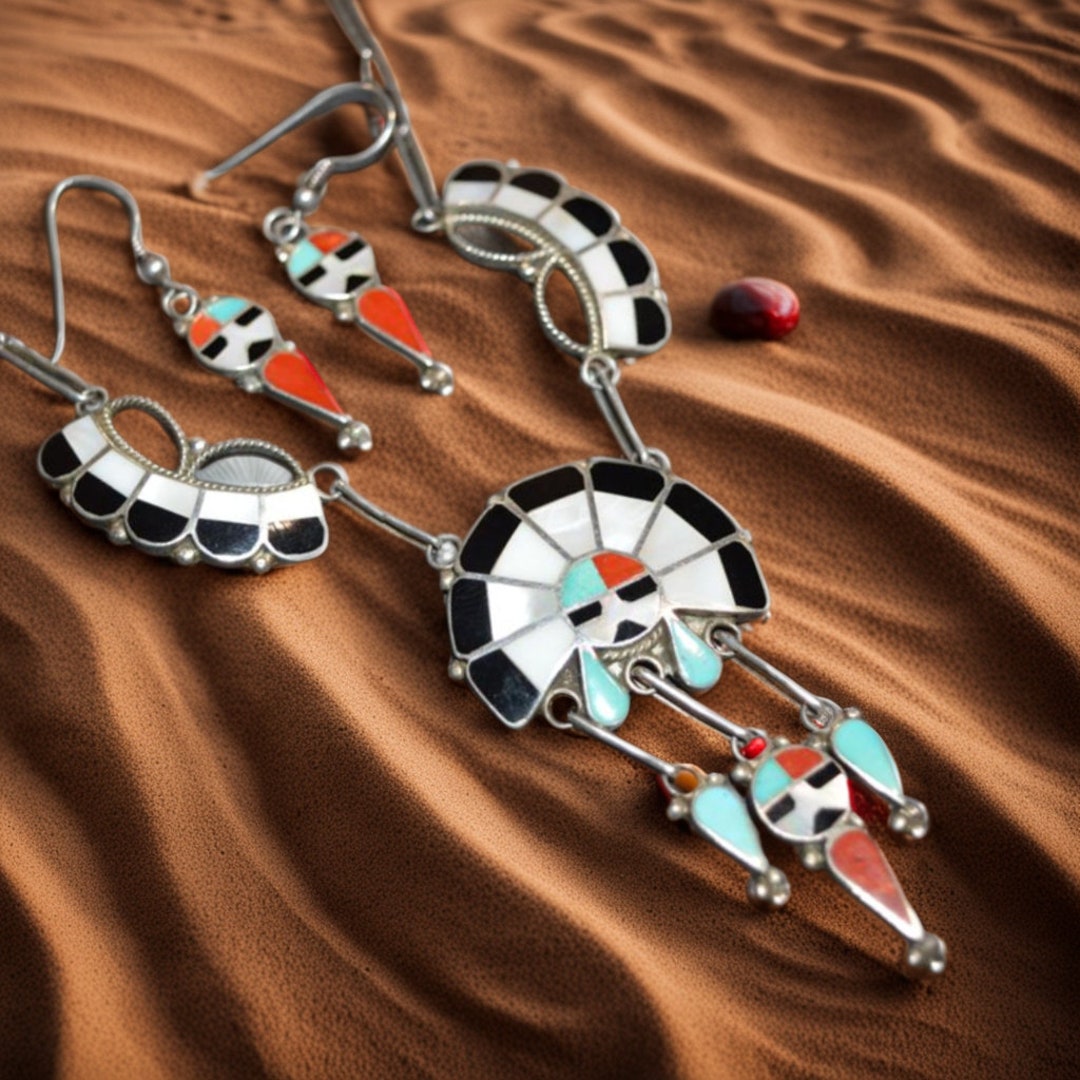 Spectacular Vintage Zuni Sun-father Necklace and Earring Set Sterling ...