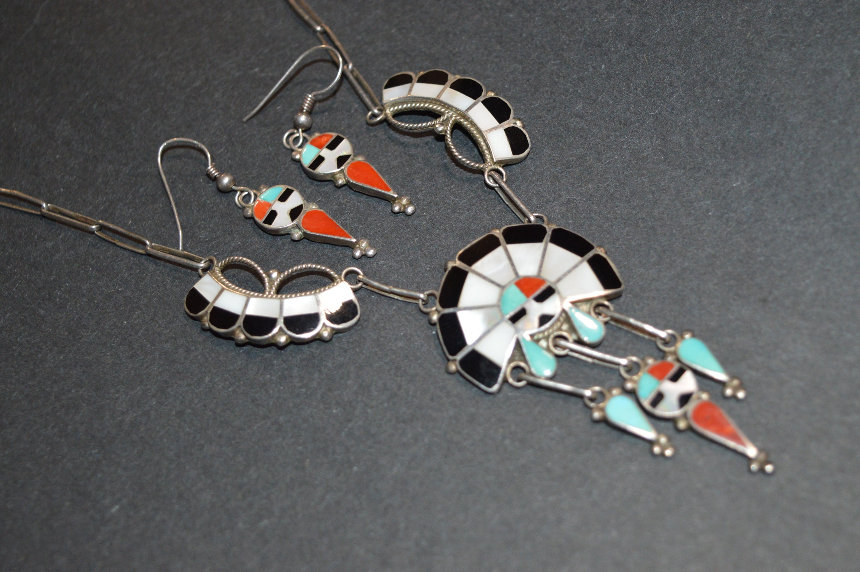 Spectacular Vintage Zuni Sun-father Necklace and Earring Set Sterling ...