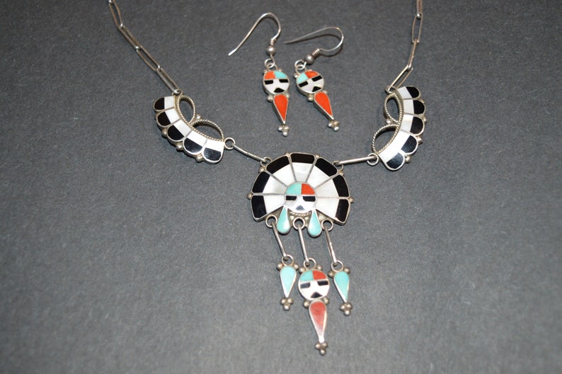 Spectacular Vintage Zuni Sun-father Necklace and Earring Set Sterling ...