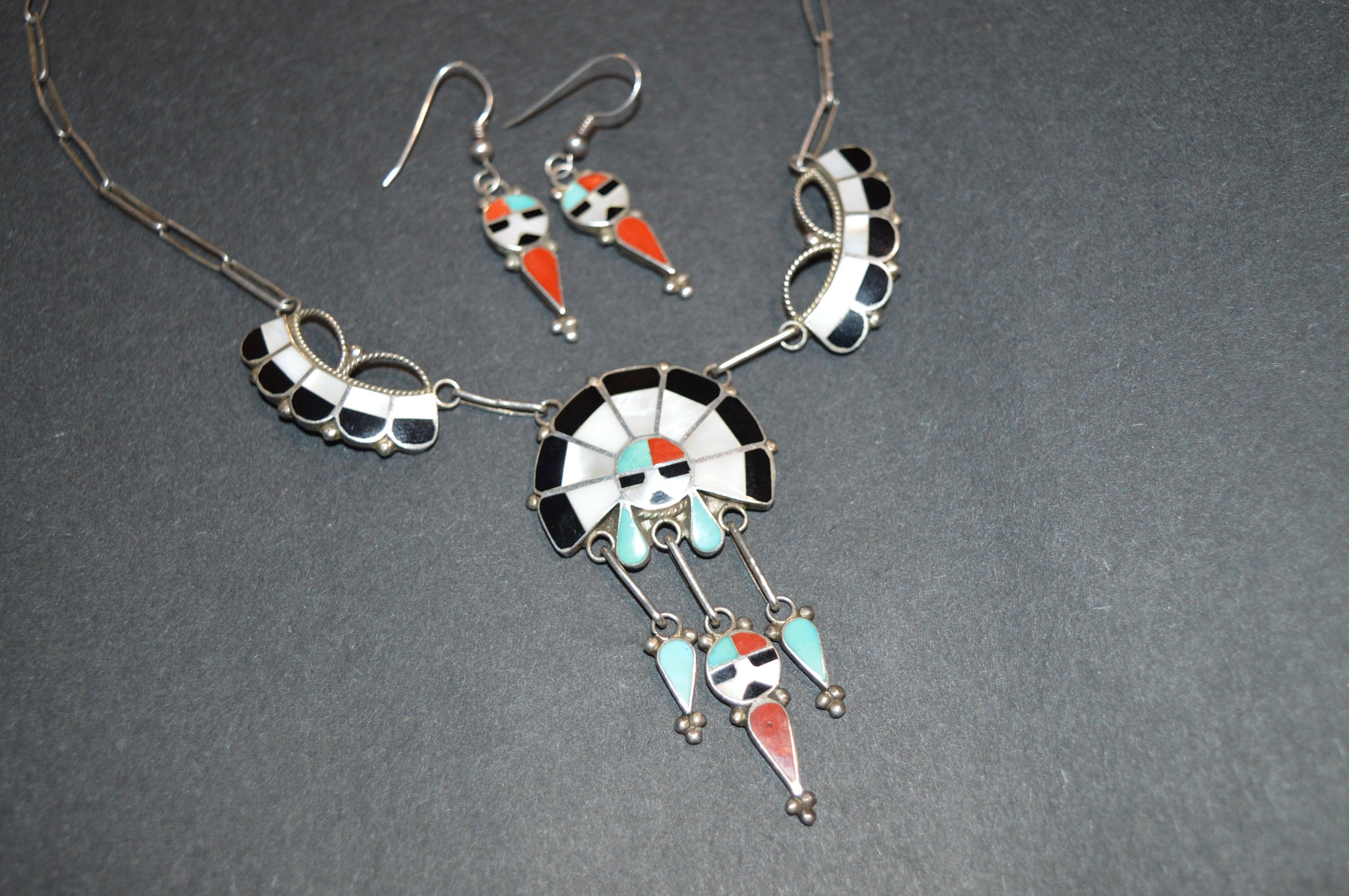 Spectacular Vintage Zuni Sun-father Necklace and Earring Set Sterling ...